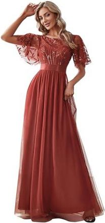 Ever-pretty Robe de Soirée pour Mariage Demoiselle dhonneur Manches Courtes Taille Empire A-Line Tulle Longue Femme Orange Caramel 52