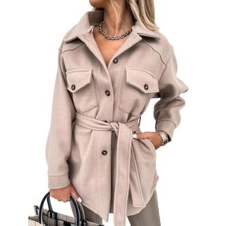 Generic Manteau dhiver long tendance pour femme avec col de chemise simple boutonnage avec ceinture et poches, beige, XXL