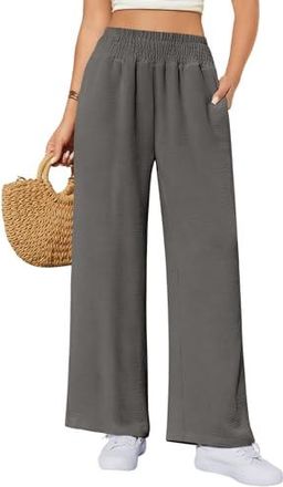Heekpek Pantalon d&eacute;t&eacute; large pour femme - &Eacute;lastique - Taille haute - Fluide - L&eacute;ger et confortable - D&eacute;contract&eacute; - Pantalon Palazzo &eacute;l&eacute;gant - Avec poches, gris