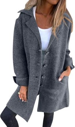 TOMWELL Manteau Femme Col Rabattu Manches Longues Cardigan Blouson Revers Veste Chaud Jacket Couleur Unie Trench Coat Manteau Outwear Automne Hiver A Gris 3XL