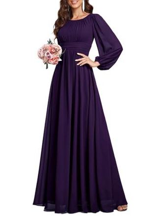 Ever-pretty Robe Demoiselle dhonneur Femme Longue Manches Longues Col Rond Mousseline Chic Violet Fonc&eacute; 38