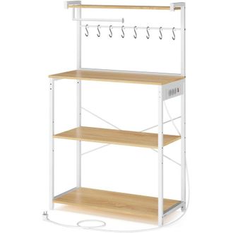Vasagle Meuble de Rangement Cuisine avec &Eacute;tag&egrave;re R&eacute;glable, 8 Crochets, Bar &agrave; Caf&eacute;, 4 Niveaux, Blanc et Ch&ecirc;ne