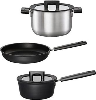 Fiskars Kochgeschirr-Set, Bratpfanne (&Oslash; 28 cm), Stieltopf mit Deckel (1,8 Liter), Kasserolle mit Deckel (3,5 Liter), Aluminium bzw. Rostfreier Stahl/Kunststof