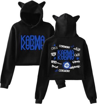 Generic SKZ Karma Tracklist Sweat &agrave; capuche avec oreilles de chat SKZ World Tour Merch pour femme Manches longues, Noir, XXS