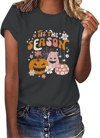 Generic Tis The Season Chemises dHalloween pour femmes T-shirts drôles citrouille mignons fantômes hauts à manches courtes Costumes dHalloween adolescentes fi