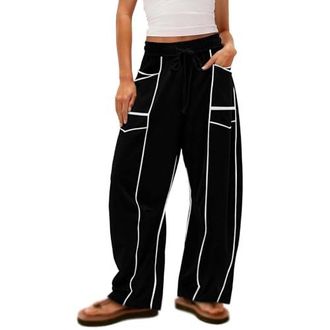 Generic Pantalon baggy baggy avec cordon de serrage pour femme, pantalon de surv&ecirc;tement ample &agrave; jambes larges avec cordon de serrage et poches, Noir, XXL