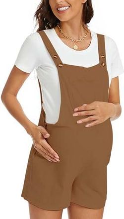 Feoya Combinaison Femme Enceinte Été Combishort Grossesse Salopette Short Bretelles Ample Jumpsuit avec Poches Chic Élégant Coton Casual Marron M