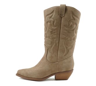 Soda RENO ~ Westernstiefel f&uuml;r Damen, Cowboystiefel, spitzer Zehenbereich, niedriger Absatz, kn&ouml;chelhoch, modischer Schaft, Lt-taupe Nubuk, 38.5 EU