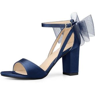 Allegra K Sandales &agrave; talons &eacute;pais et bout ouvert avec bride &agrave; la cheville et noeud en maille pour femmes Bleu marin 41