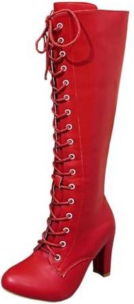 Generic Bottes hautes pour femme &agrave; talon bloc - &Eacute;l&eacute;gantes - Couleur unie - Style r&eacute;tro - &Agrave; lacets - Style classique - Confortables - Fermeture &eacute;clair lat&eacute;rale