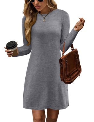 Zeagoo Pulloverkleid f&uuml;r Damen Langarm Strickkleid Winter Casual Knielang Kleid Elegant A Linie Tunika Herbstkleid Dunkelgrau S