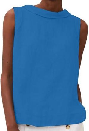 Generic HUIFUAO - Débardeur dété en coton et lin pour femme - Blanc - Rayures basiques - Débardeur sans manches pour femme, Z04 Bleu, L