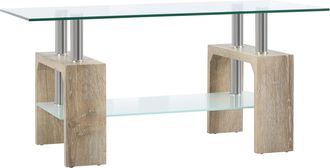 HOMCOM Rechteckiger Couchtisch Rechteckiger Couchtisch Wohnzimmer Beistelltisch mit 2 Ablagen aus geh&auml;rtetem Glas Edelstahlrahmen und Holzbeine Moderner Stil