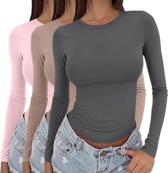 Generic T-shirt ajust&eacute; pour femmes, ensemble de 3 hauts &agrave; manches longues &agrave; col rond, thermiques, extensibles, sous-v&ecirc;tements superpos&eacute;s, basiques, ajust&eacute;s, &agrave;