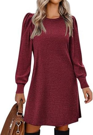 Generic Robe Pull Femme Robe Tunique à Manches Longues et Col Rond Chic et Élégant Automne et Hiver Robe Couleur Unie Pullover Leger Casual Idee Cadeau Femme,