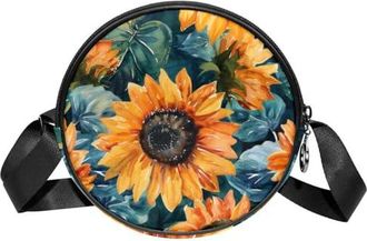 Generic Petit sac &agrave; bandouli&egrave;re rond pour femme, motif tournesol avec fermeture &eacute;clair, bretelles r&eacute;glables, style d&eacute;contract&eacute;, pour femmes et filles