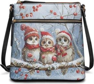 Coloranimal Sac &agrave; bandouli&egrave;re pour femme en cuir avec fermeture &eacute;clair sur le th&egrave;me de No&euml;l, Jolie chouette de No&euml;l