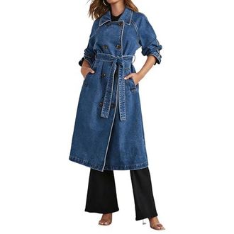 Generic Veste longue en jean avec ceinture pour femme - Trench &agrave; manches longues - Style d&eacute;contract&eacute; - Tunique surdimensionn&eacute;e, bleu, XXL