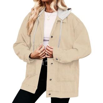 Generic Veste en jean pour femme avec capuche amovible - Style d&eacute;contract&eacute; - Avec boutons - Veste en jean surdimensionn&eacute;e &agrave; manches longues, Kaki, XXL