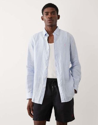 Polo Ralph Lauren Lang&auml;rmliges, gestreiftes Hemd aus Leinen in Blau und Wei&szlig; mit Markenlogo