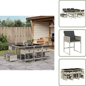 vidaXL 11-tlg. Garten-Essgruppe mit Kissen Hellgrau Poly Rattan - Gartenm&ouml;bel Set - Gartentisch - Gartenst&uuml;hle - Gartenhocker - Rattan M&ouml;bel