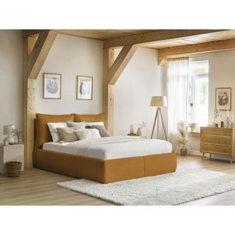BOBOCHIC Lit coffre garance avec t&ecirc;te de lit effet oreiller tissu bouclette 180x200 Jaune - Bobochic
