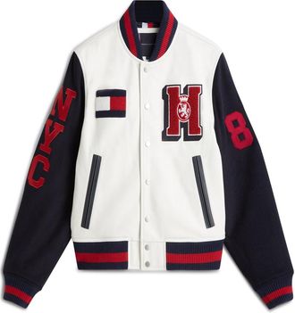 Tommy Hilfiger Wattierte College-Lederjacke mit Aufn&auml;hern und Woll&auml;rmeln in