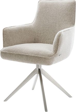 DELIFE Esszimmerstuhl Heira-Flex mit Armlehnen Kreuzgestell breit Edelstahl Webstoff Soft Beige 360&deg; drehbar Wippfunktion Taschenfederkern