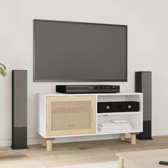 vidaXL Vidaxl - Meuble TV blanc 80x30x40 cm en bois de pin massif et rotin naturel - Design &eacute;l&eacute;gant pour int&eacute;rieur moderne - Capacit&eacute; de charge 70 kg