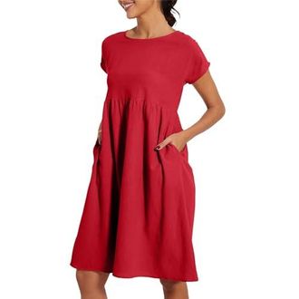 Generic Robes en lin pour femme taille 52/54 - Robe d&eacute;t&eacute; grande taille midi couleur unie en coton mi-longue robe &agrave; manches courtes coupe ample taille 52 avec 