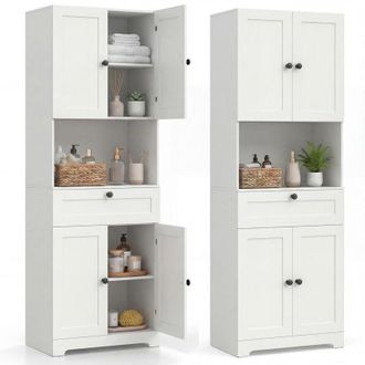 Costway armoire de salle de bains haute tour &agrave; linge organisateur autoportant placard de cuisine buffet meuble en bois 4 portes tiroir &eacute;tag&egrave;re r&eacute;glable comp