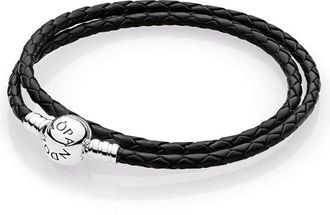Pandora Moments doppeltes schwarzes Lederarmband mit Kugelverschluss aus Sterling Silber, Kompatibel Moments, Größe: 47 cm, 590745CBK-D5