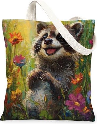 Generic Sac fourre-tout en toile de raton laveur printanier pour faire du shopping, 33 x 38,1 cm, sac d&eacute;picerie r&eacute;utilisable pour femme, motif animal de voyag
