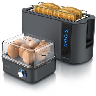 Arendo Arendo - 2-teiliges Fr&uuml;hst&uuml;cksset - 4-Scheiben Langschlitz Toaster, 8er Eierkocher, Grau