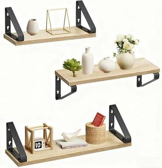 Relaxdays Wandregal, 3er Set, 3 Gr&ouml;&szlig;en: 30, 35, 40 cm Breite, Holzoptik & Metall, Wandbretter f&uuml;r B&uuml;cher & Deko, Natur