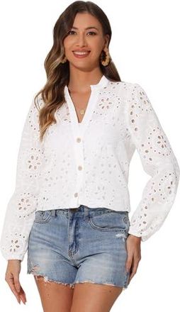 Allegra K Chemisier Bohème Femme Col en V Ajouré oeillets Blouse Décontractée Coupe Ample à Manches Longues Bouffantes Chemise Boutonnée Blanc M