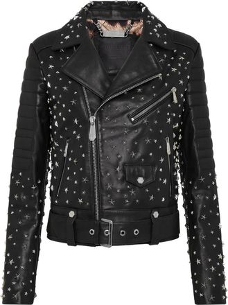 Philipp Plein Femme, Vestes, Noir, Taille: 38 FR Leather Biker Stars