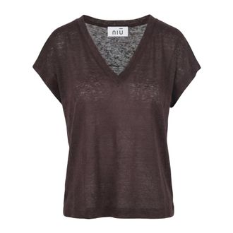 Ni&ugrave; Niu, Femme, Tops, Brun, Taille: 42 FR Trapeze Linen T-Shirt
