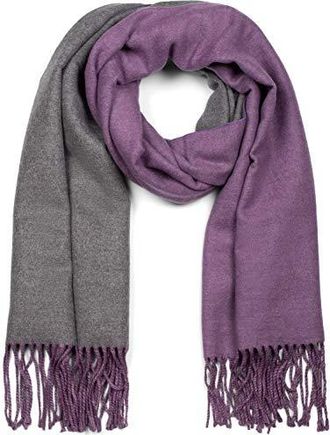 styleBREAKER Echarpe pour dames en noble optique 2 faces avec franges, 2 couleurs, écharpe réversible, étole dhiver chaude multicolore 01017137, couleur:Violet-Gri