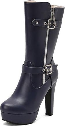 Generic MiaZane Bottes Cuissardes à Plateforme Femme en Cuir PU Double Boucle Fermeture Latérale Talon Haut Bottes Mode Hiver pour Tenue Quotidienne,Bleu,46 E
