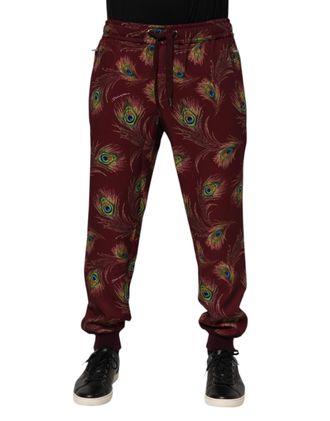 Dolce & Gabbana Mens Peacock Feather Print Joggers Burgundy Polyester Elastane