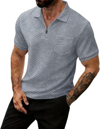 Generic Polo pour homme - Demi-fermeture &eacute;clair - Jacquard - Manches courtes - Col polo tendance - Chemise surdimensionn&eacute;e et confortable - V&ecirc;tement de travai