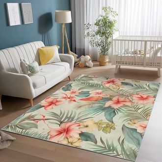 Generic Tapis Salon Lavable en Machine 140 x 200 cm - Poil Court Doux et R&eacute;sistant Peint Plantes Tropicales Textures Fleurs Imprim&eacute; Tapis pour Salon Chambre C