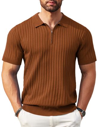 Coofandy Polo Shirt Herren Kurzarm Sommer Golf Poloshirt mit Rei&szlig;verschluss Leicht Sport Stretch M&auml;nner Polo Hemd Braun XXXL