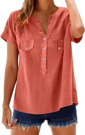 Generic T-shirt en gaze pour femme - Col Henley boutonn&eacute; - Manches courtes - Couleur unie - Chemisier d&eacute;contract&eacute; tendance - Col en V - Coupe ample avec deux 