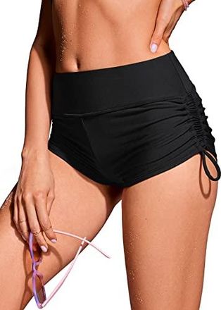 CRZ YOGA Femmes Short de Bain Taille Haute à Fronces Latérales Ajustables Respirant Natation Bas de Maillot Noir 44