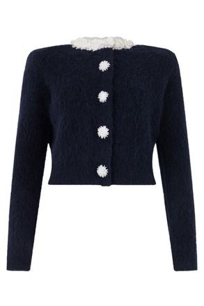 Self Portrait Floral Appliqu&eacute; and Bead-Embellished Cardigan - Navy
