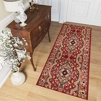 Tapiso Atlas Tapis de Couloir Long Entr&eacute;e Salon Chambre Bureau Cuisine Design Traditionnel Rouge Beige Noir Motif M&eacute;daillon Ornamental Floral Bordure Poil Co