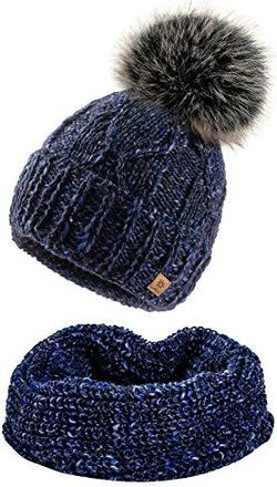 4sold Femme Set Bonnet et &eacute;charpe Alpaga dhiver Wool Chapeau Hat Grande Pom Pom Bonnet dhiver Chaud Doublure Polaire - Set Navy