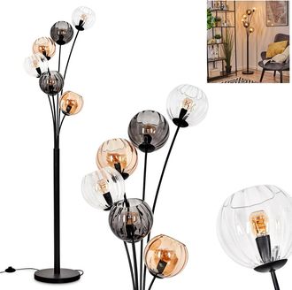 HOFSTEIN Stehleuchte Koyoto, Stehlampe aus Metall/Riffelglas in Schwarz/Bernstein/Rauch/Klar, Leuchte im Retro-Design (Ø Schirme 15 cm), Fußschalter, 168 cm, E